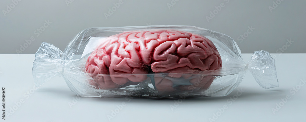 Human brain is wrapped in plastic on a white surface, evoking concepts ...
