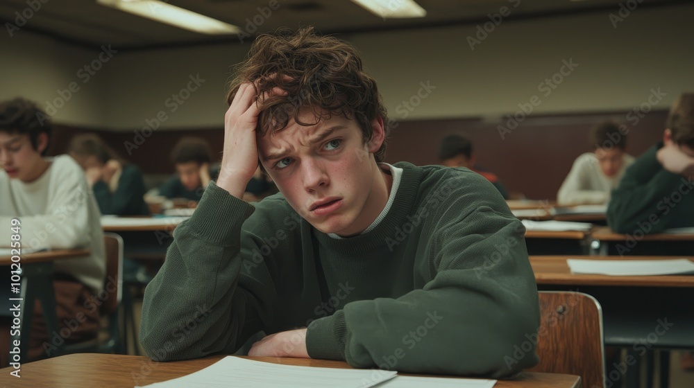 Stressed Student in Classroom Young Man in Green Sweater, Anxiety and ...