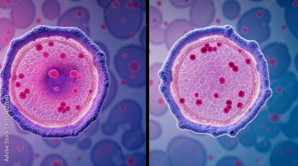 Microscopic view of virus-infected cells, comparing two stages of viral ...