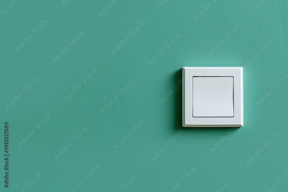 White light switch on a green painted wall. Square shaped rocker switch ...