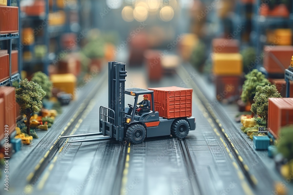 A miniature forklift transports a red shipping container through a ...