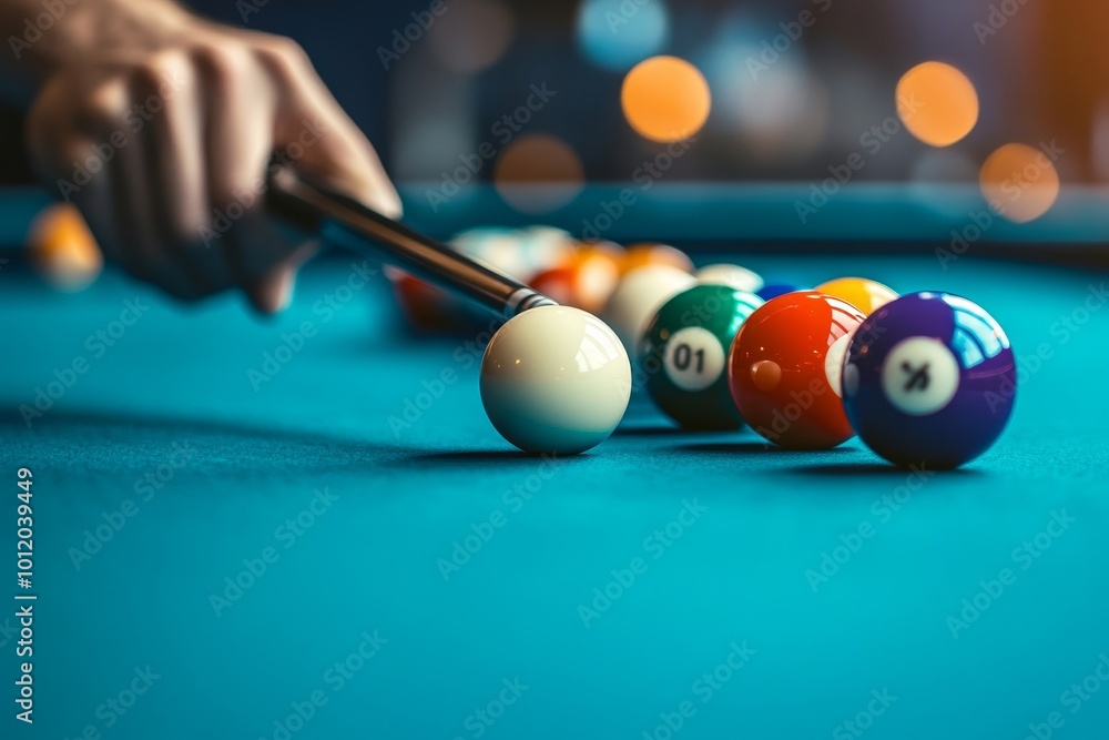 Hand holding billiard cue aiming at cue ball on pool table with other ...