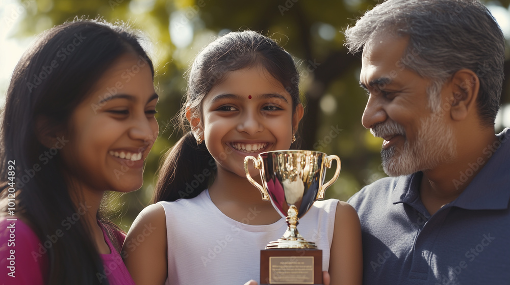 An Indian girl holding a shining trophy, beaming with pride as her ...
