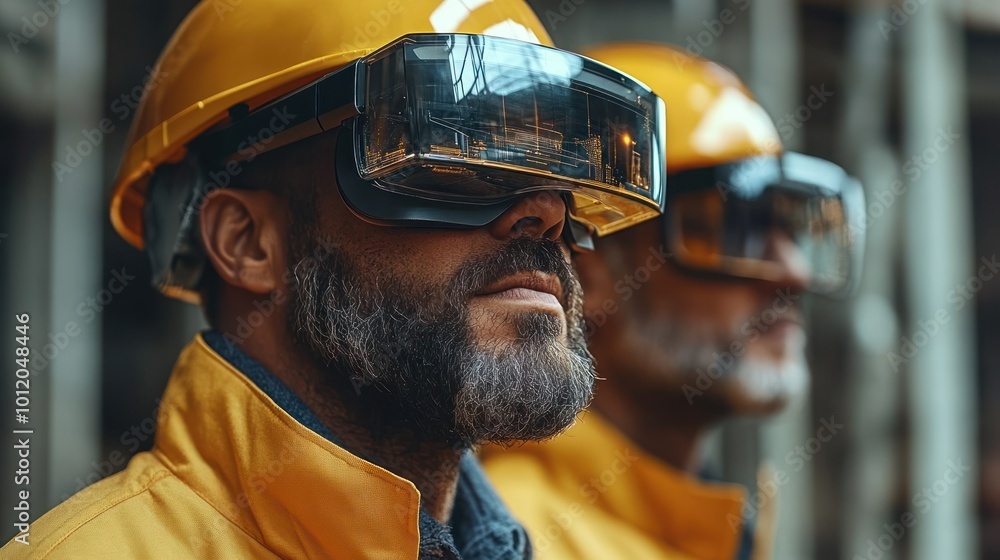 Two construction workers wearing yellow hardhats and VR glasses on a ...