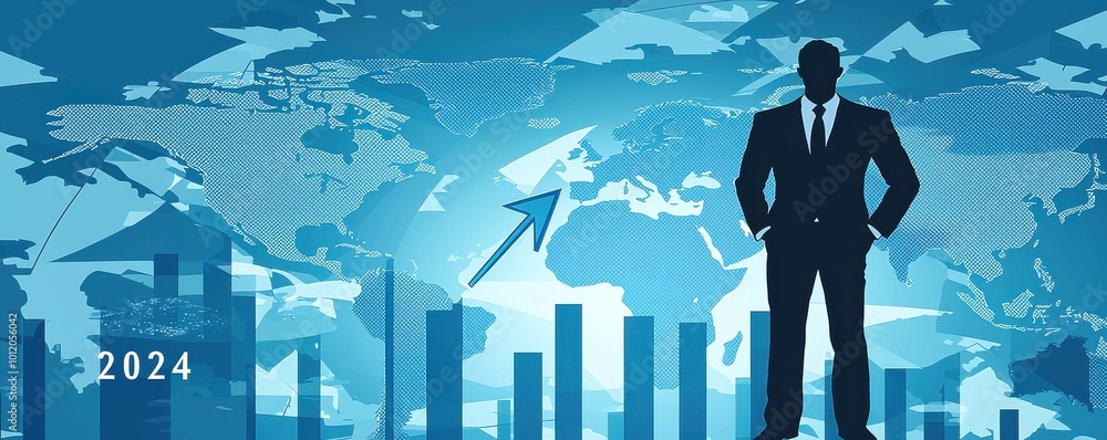 Businessman considers global trends and economic forecasts in front of ...