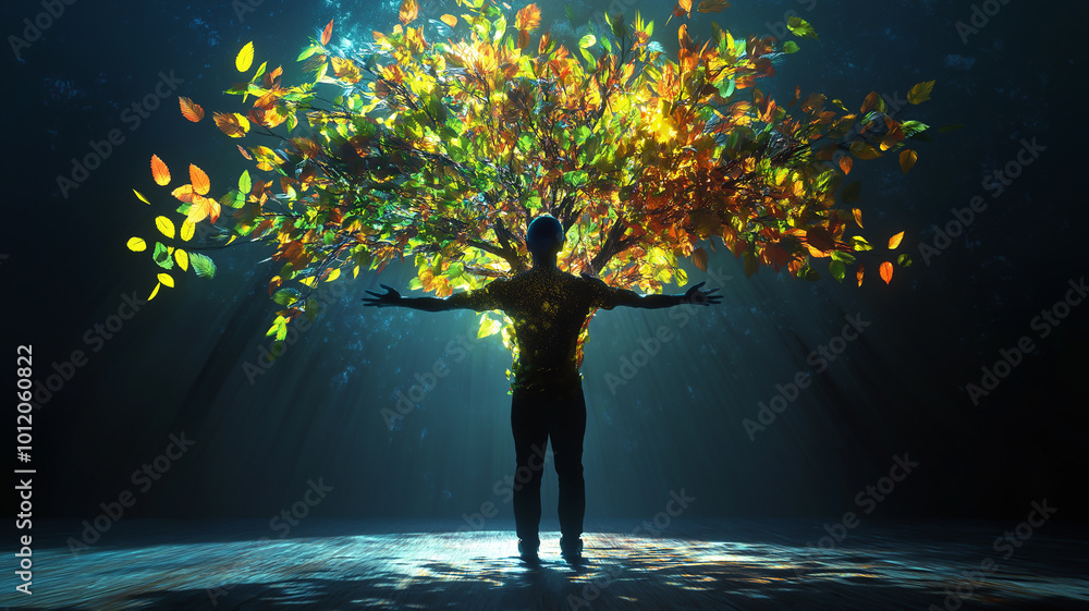 Human Tree. A figure standing with arms spread morphing into a tree ...