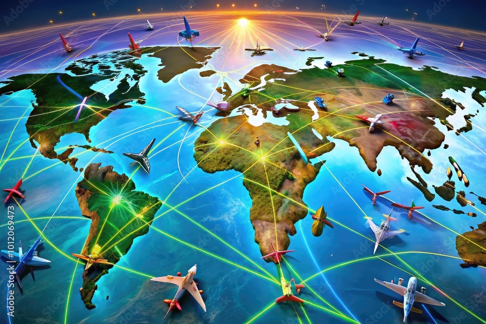 Detailed Aircraft Map Illustrating Flight Paths, Airports, and Air ...