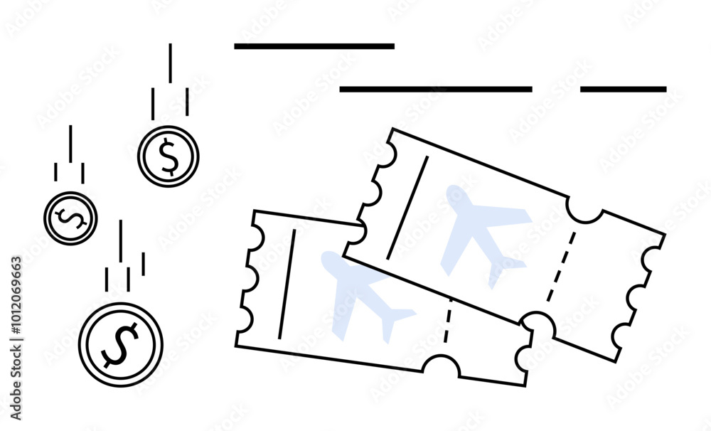 Two airplane tickets alongside falling coins with dollar signs suggest ...