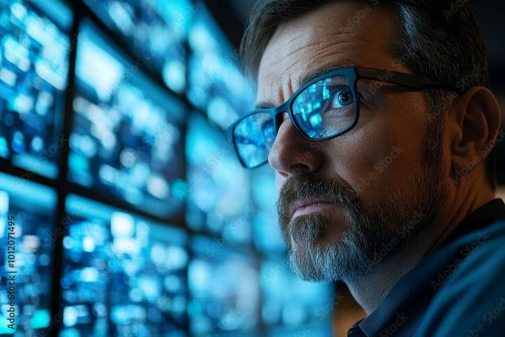 Background image of man looking at surveillance camera feeds at computer screens in security and ...