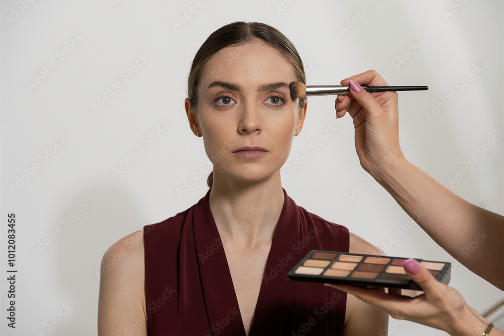 Achieve a Flawless Look: A Woman Using a Makeup Brush Against a Light ...