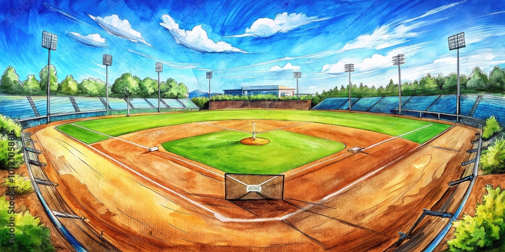 Detailed Sketch of a Baseball Diamond Layout with Bases, Pitcher's ...