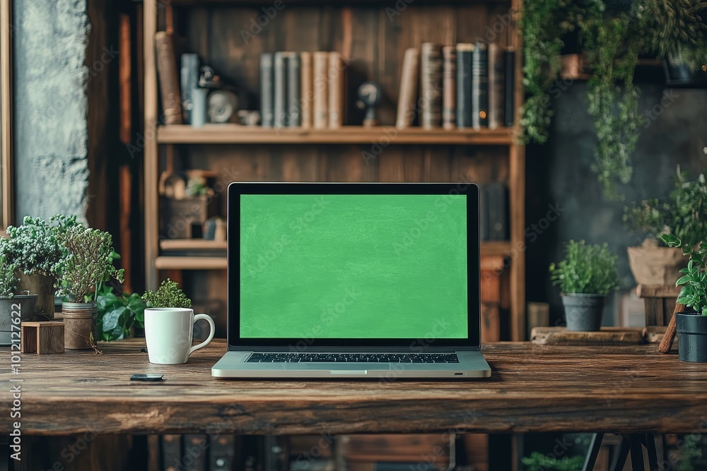 Laptop with green screen on wooden desk in rustic office background ...