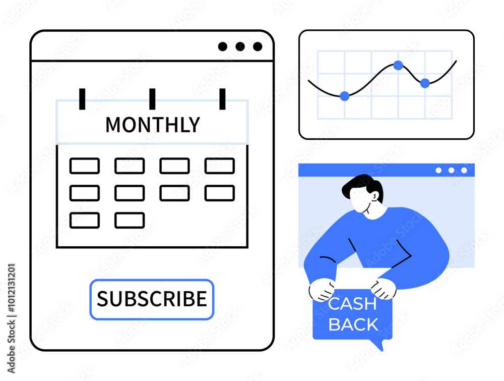 Calendar labeled Monthly with subscribe button, line graph with data ...