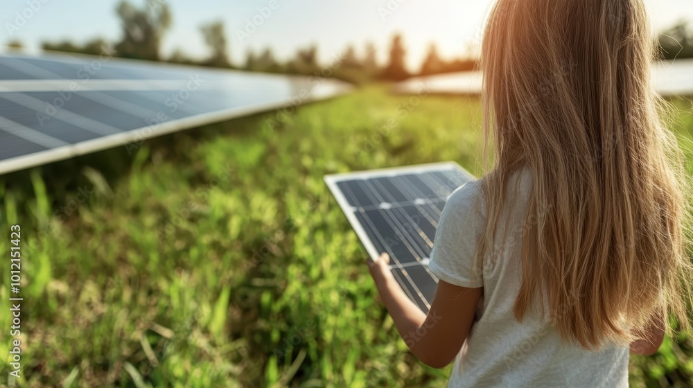 A young girl stands in a lush green field holding a small solar panel ...