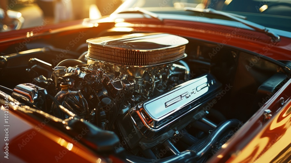 Vintage car show featuring classic muscle car engine with shiny chrome ...