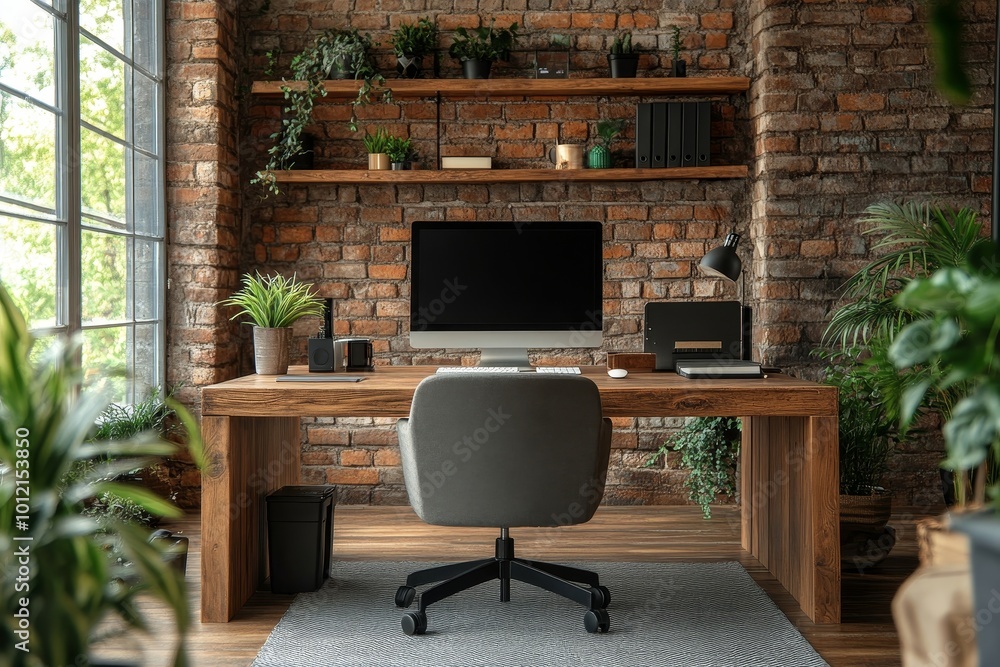 Wooden ceo interior work desk with pc monitor and chairs. Mockup frame ...