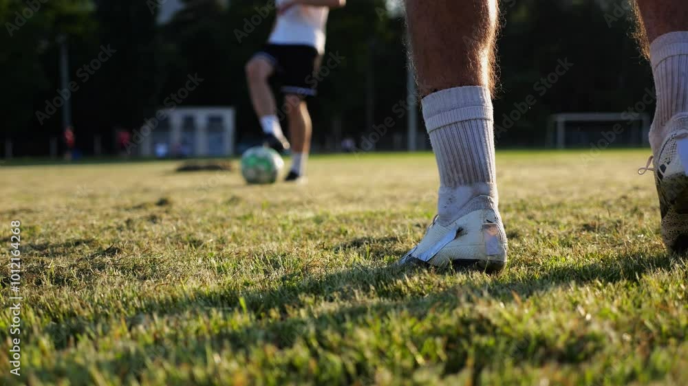 Male feet of professional footballers passing soccer ball on stadium at ...