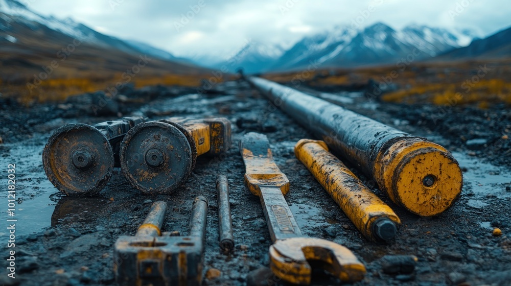 Tools and a pipe lay in the mud in front of a mountain range. Stock ...