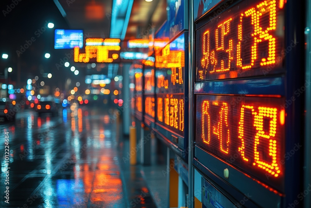 Red digital displays showing fluctuating numbers at a gas station at ...