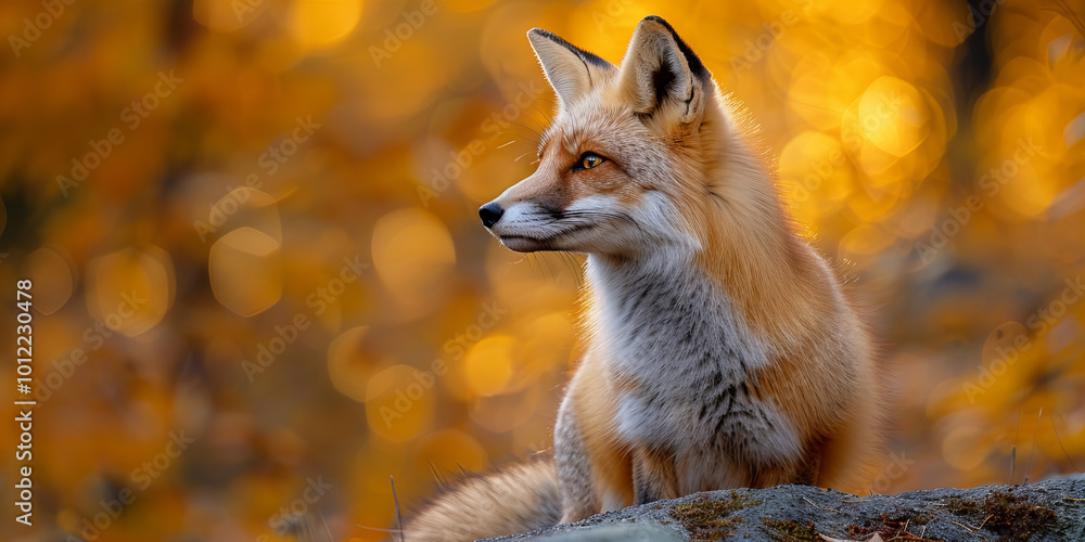 Fox elegantly posed in magical golden light of autumn forest evokes ...