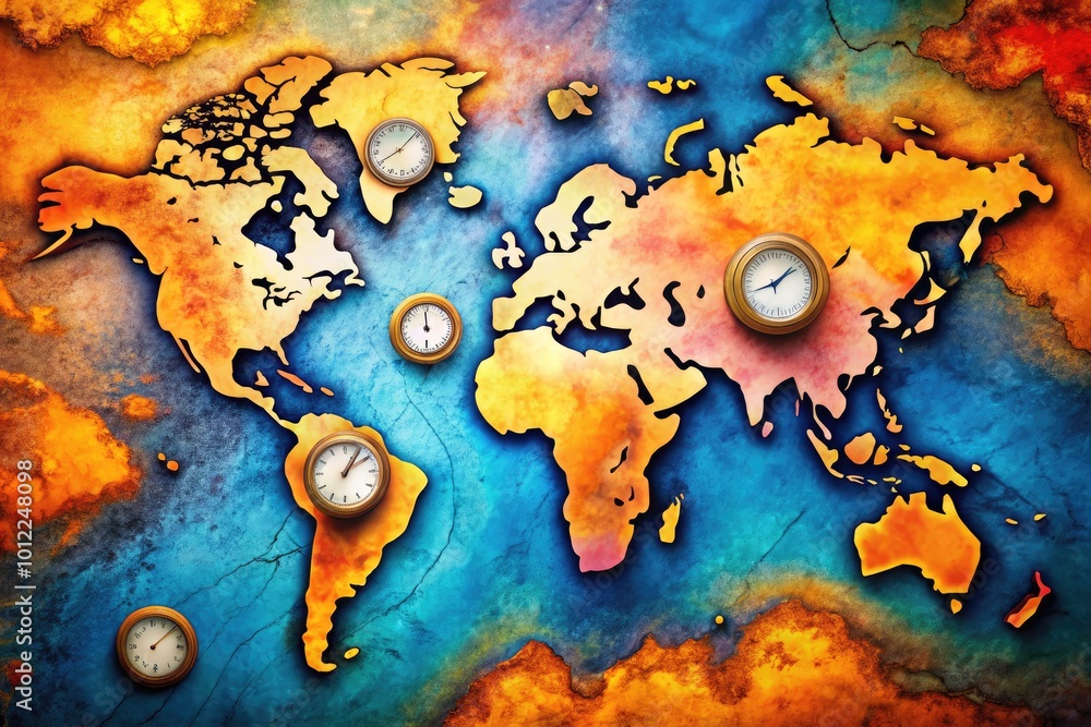 Global Time Zone Map Illustration with Clocks Indicating Various ...