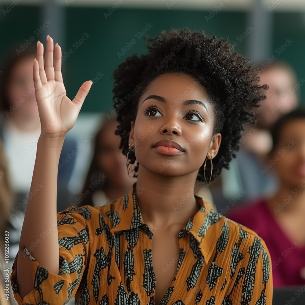 African woman raising hand to ask question at team training curious ...