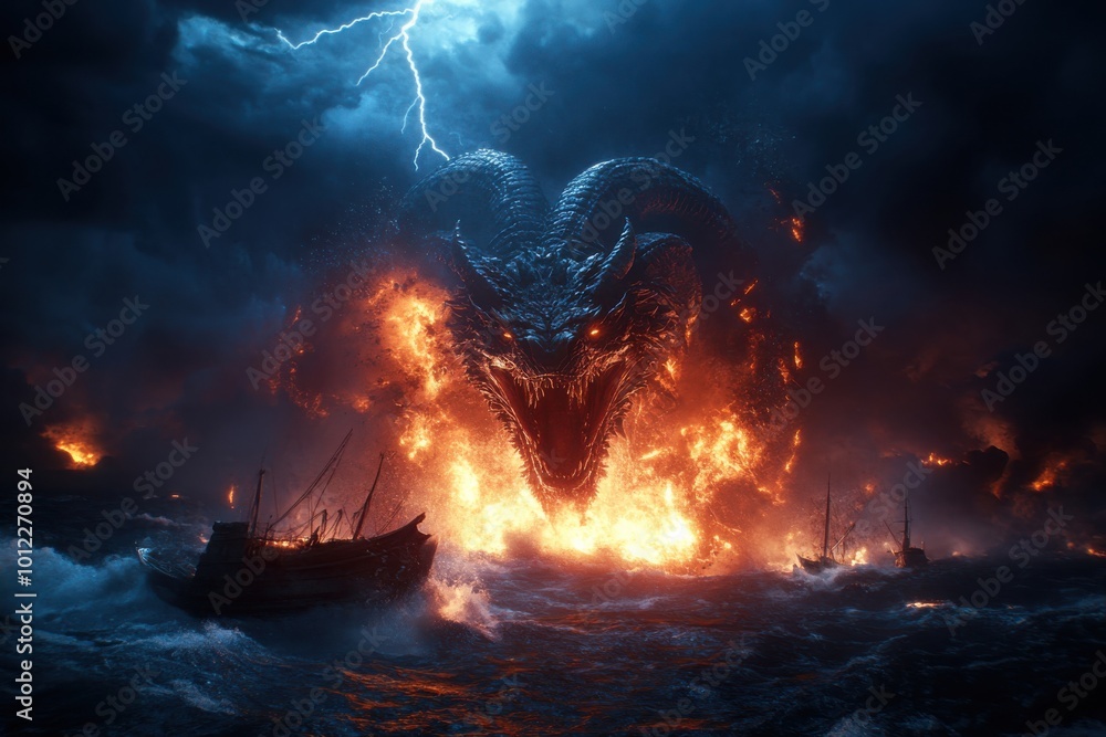 Photo & Art Print A gigantic fiery serpent emerges from the ocean ...