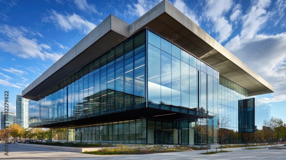 Futuristic urban building made of glass, concrete, and metal, with ...
