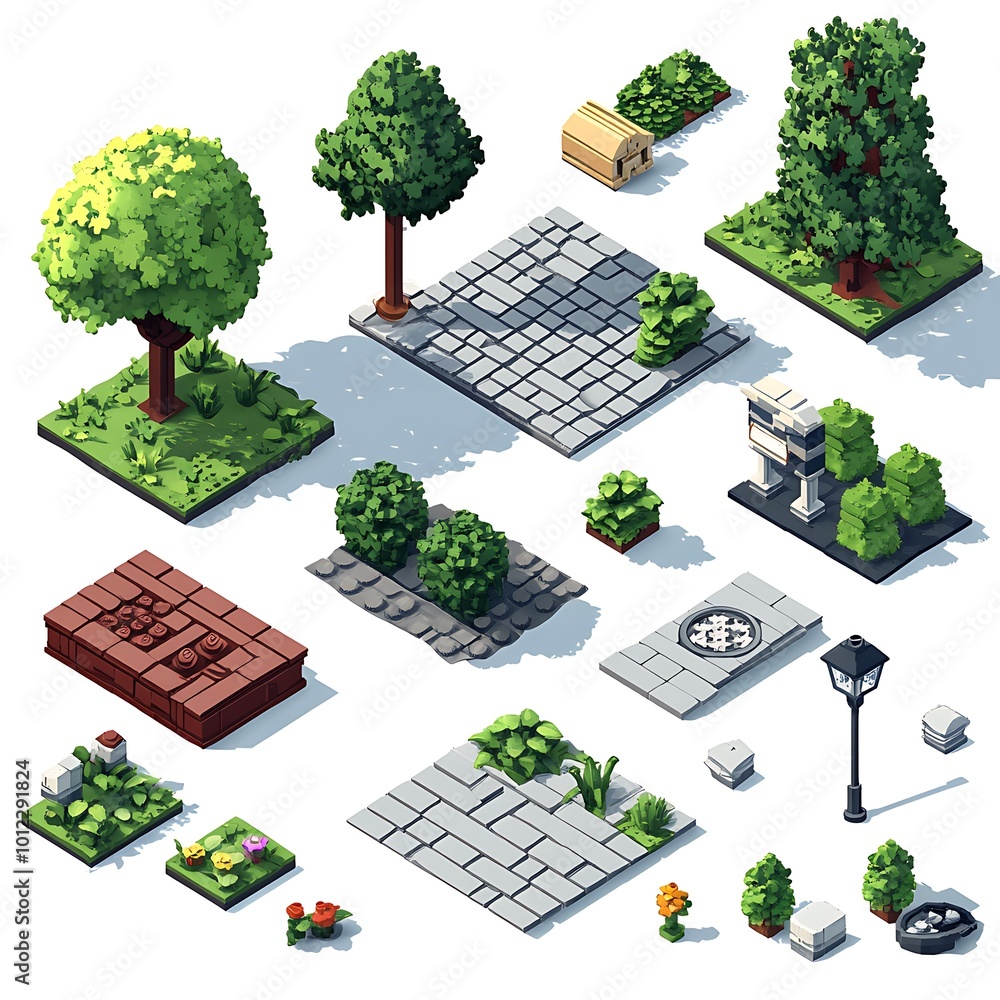 Isometric Pixel Art City Park Design Elements Set for Game Development ...