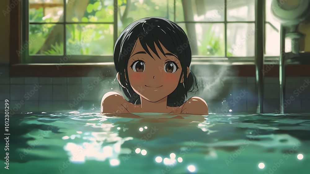 Anime girl relaxing in hot spring bath with window view, Japan style ...