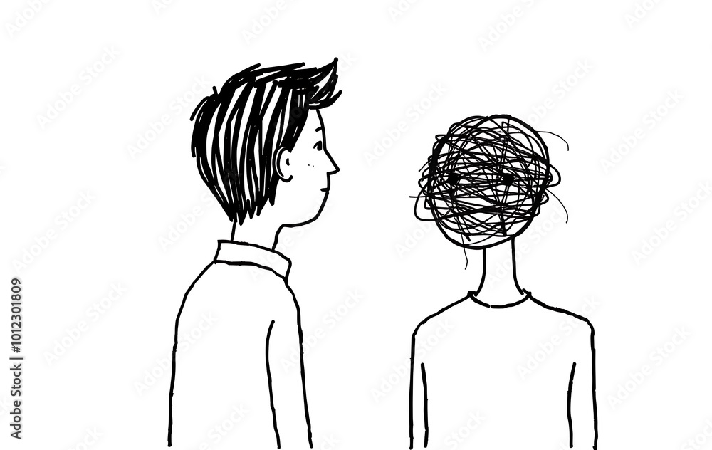 A simple doodle of two people facing each other, one with their head ...