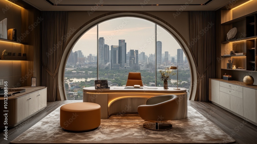 Modern office with a panoramic city view through an arched window ...