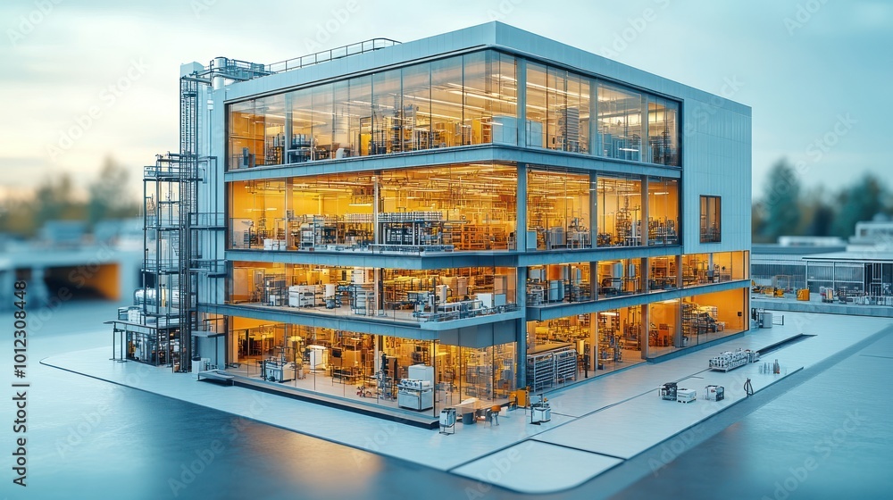 A modern glass office building with a cutaway view showing the interior ...