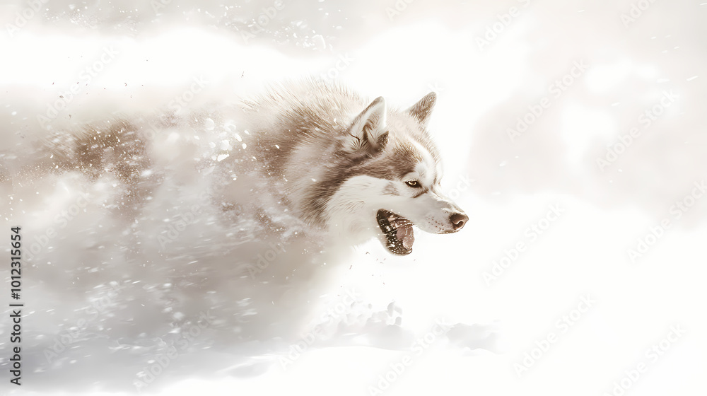 Siberian husky dog shaking off snow after a playful romp in the winter ...