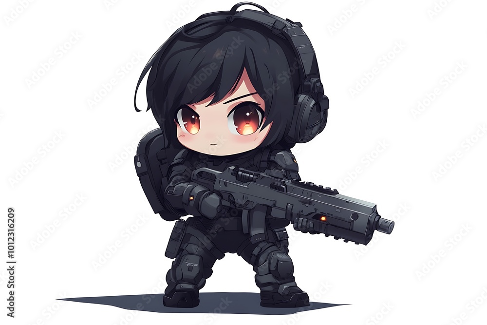 Chibi Anime Girl in Military Gear with Red Eyes and Rifle Stock ...