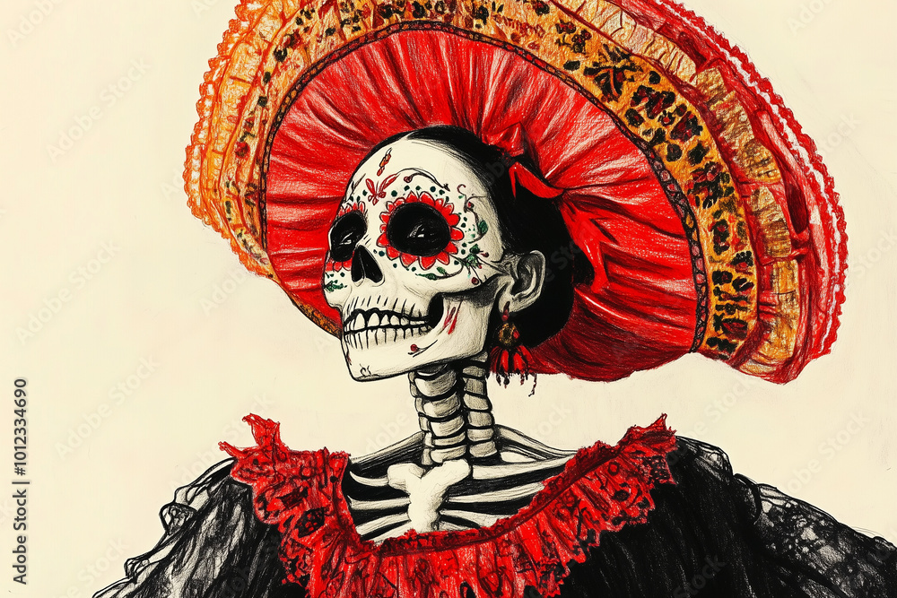 Retro-style pencil sketch of a skeleton adorned in traditional Mexican ...