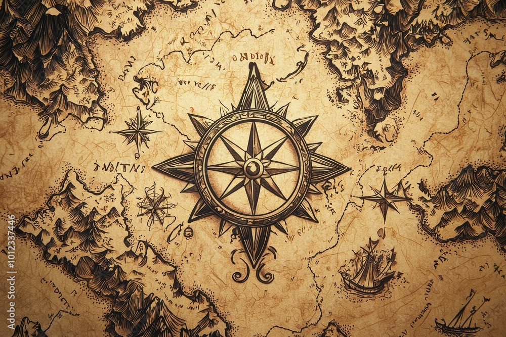 Golden Compass on Treasure Map A Symbol of Adventure and Exploration in ...