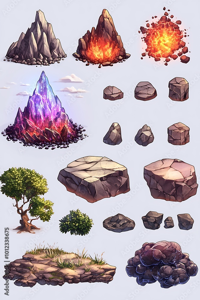 2D Game Assets, Mountain, Rock, Volcano and Crystal Sprites for Game ...