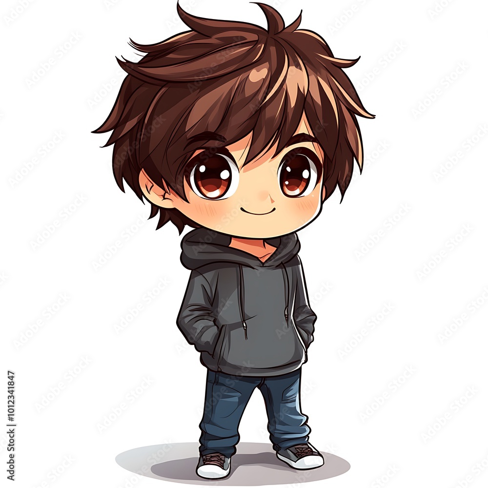 Cute anime chibi boy character with brown hair in a gray hoodie. Stock ...