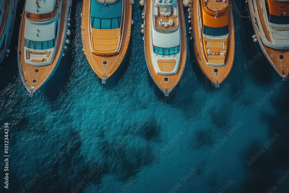 Aerial view of five luxury yachts docked in a harbor, seen from above ...
