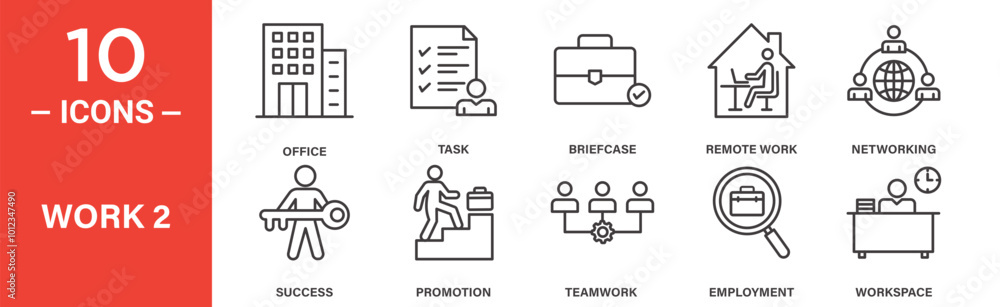 Work Icon Set Featuring Office, Task, Teamwork, and Remote Work Symbols ...