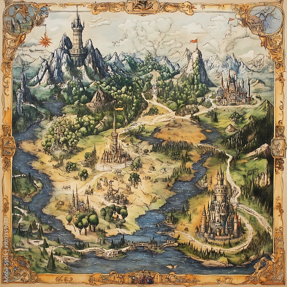 Hand drawn fantasy map with mountains, forests, cities, castles, and a ...