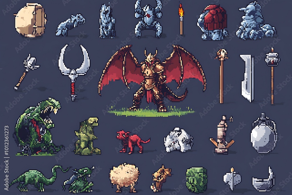 Pixel Art Sprite Sheet, Fantasy Creatures, Weapons, and Items Stock ...