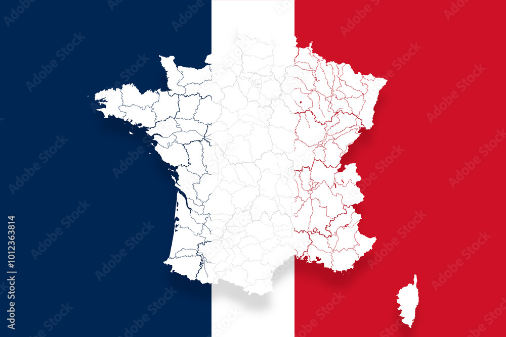 creative map of France, french flag color style design, blue white red ...