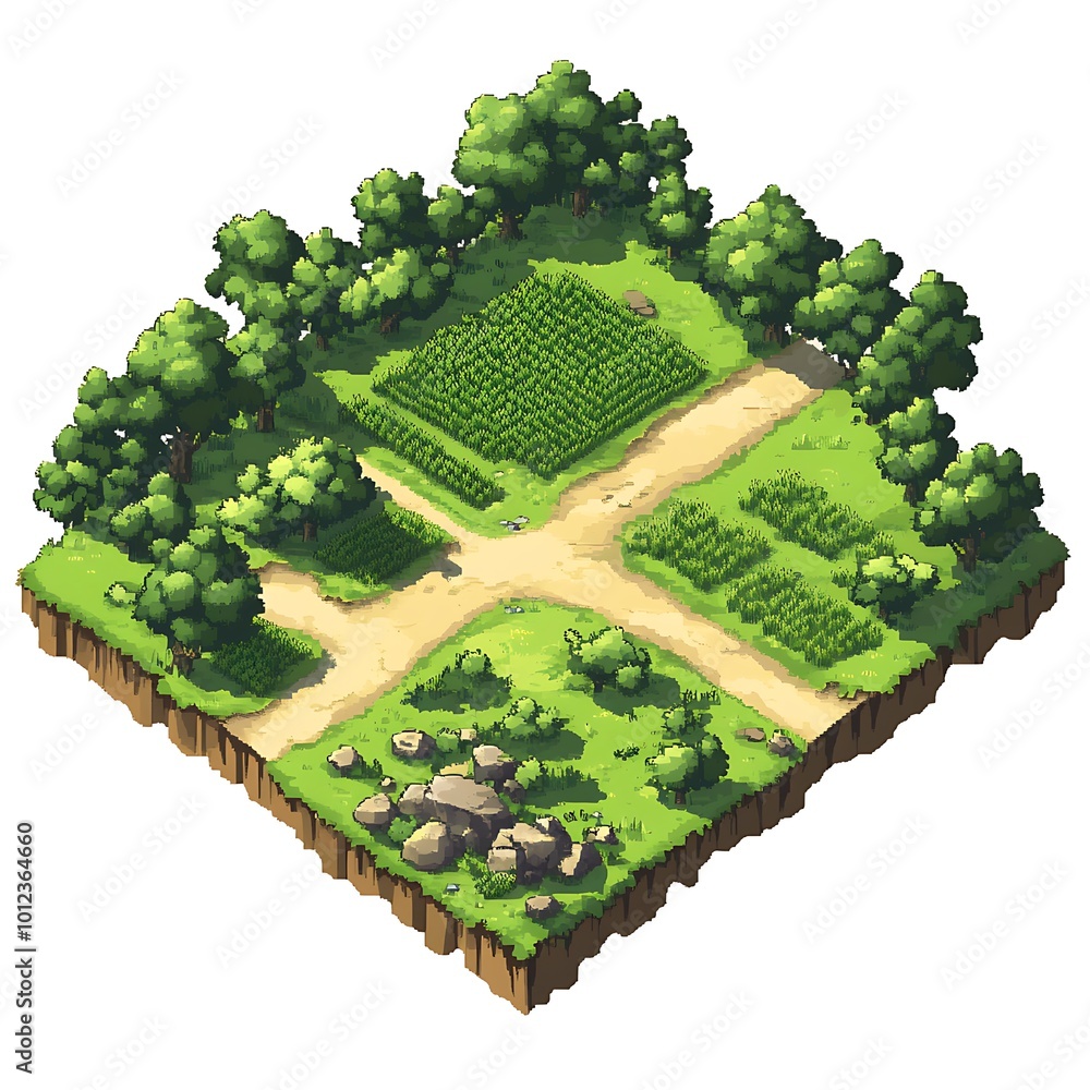 Isometric farm landscape with dirt road and farmland. Video game ...