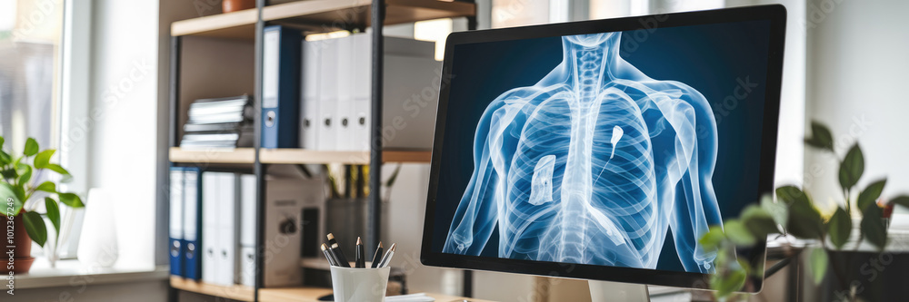 A computer monitor shows a skeleton of a human body. A potted plant is ...