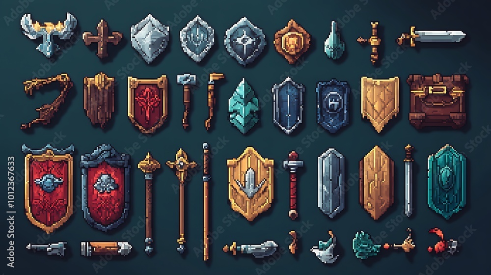 Pixel art fantasy game assets, weapons, shields, and items ilustração ...