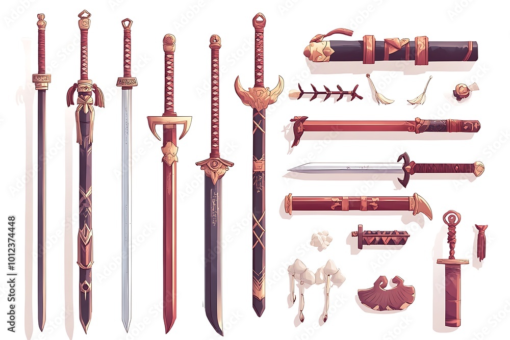 Set of cartoon medieval swords and daggers with sheaths, isolated on ...