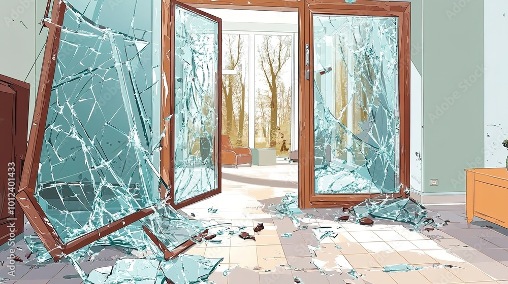 This modern illustration depicts a broken glass door at the entrance of ...