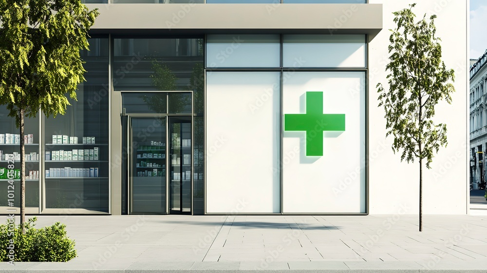 pharmacy storefront with glass windows and green cross symbol ...
